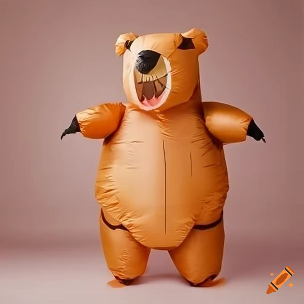 Inflatable brown bear costume with giant snout on Craiyon