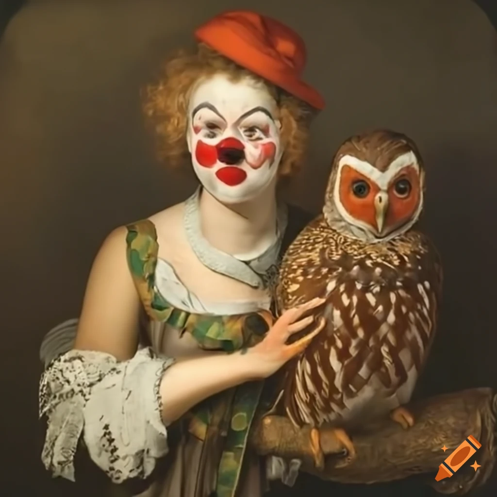 Clown with an owl on its shoulder on Craiyon
