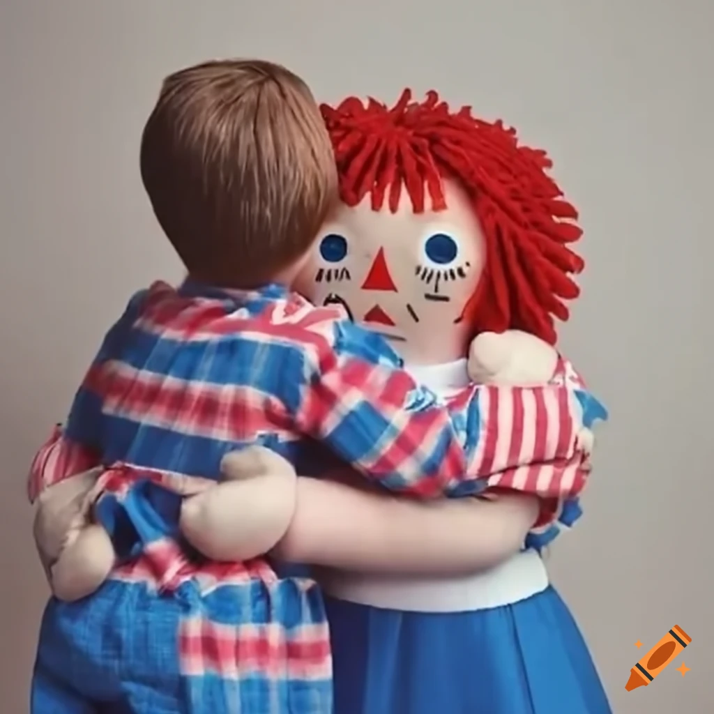 Raggedy Ann giving a hug-lift to Same Size Nick on Craiyon