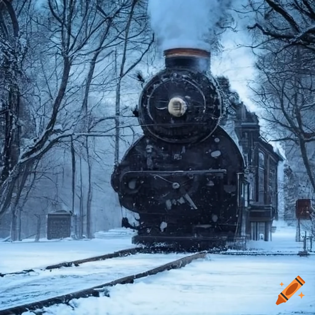 Steam engine in victorian city during harsh winter on Craiyon