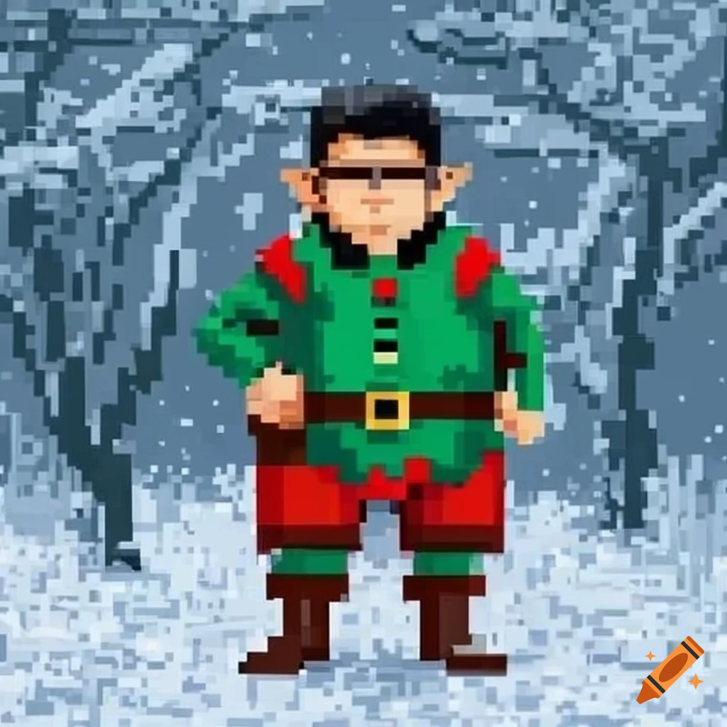 Young male halfling in Christmas elf costume in snowy winter park on ...