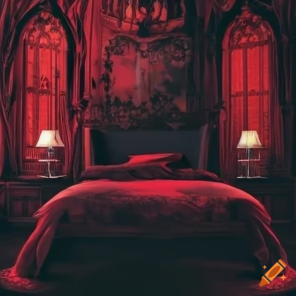 Gothic red and black bedroom in hd 4k resolution on Craiyon