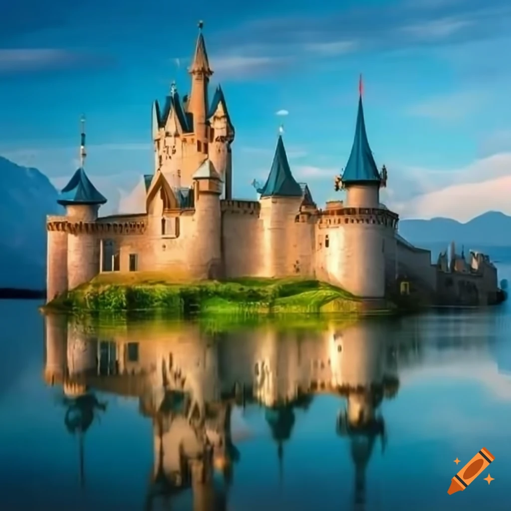 Beautiful princess castle with a lake and a small village on Craiyon