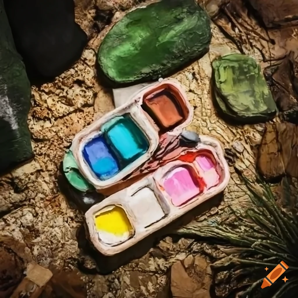 Open tubes of gouache paint on rustic stone surrounded by nature on Craiyon