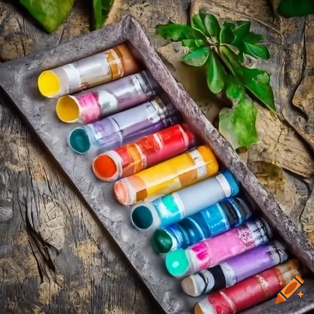 Open tubes of gouache paint on rustic stone table in nature on Craiyon
