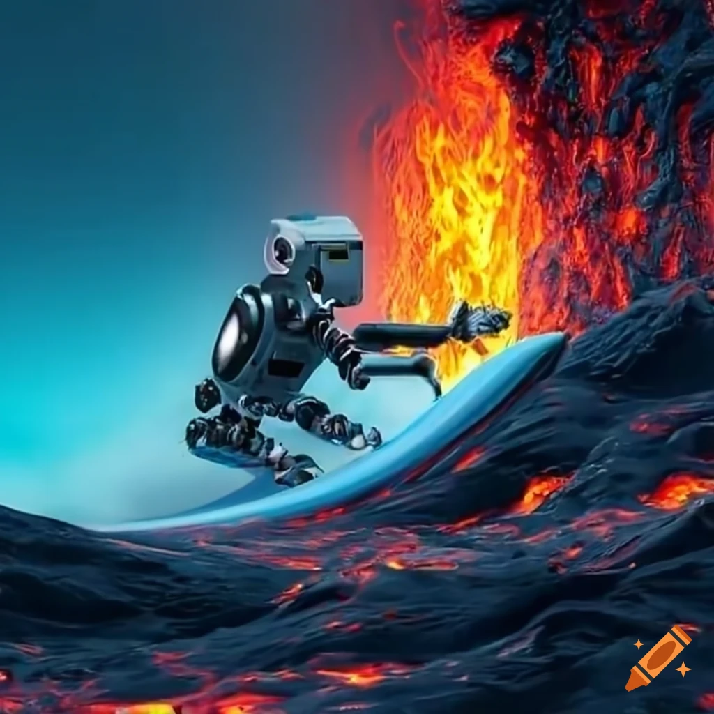 Robot surfing on a lava wave on Craiyon