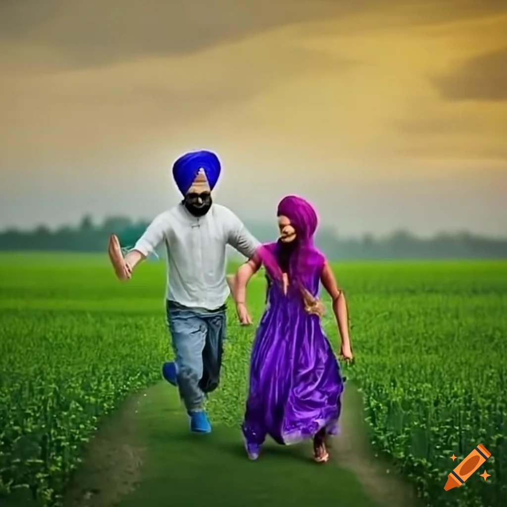 Sikh couple holding hands in green fields on cloudy day on Craiyon