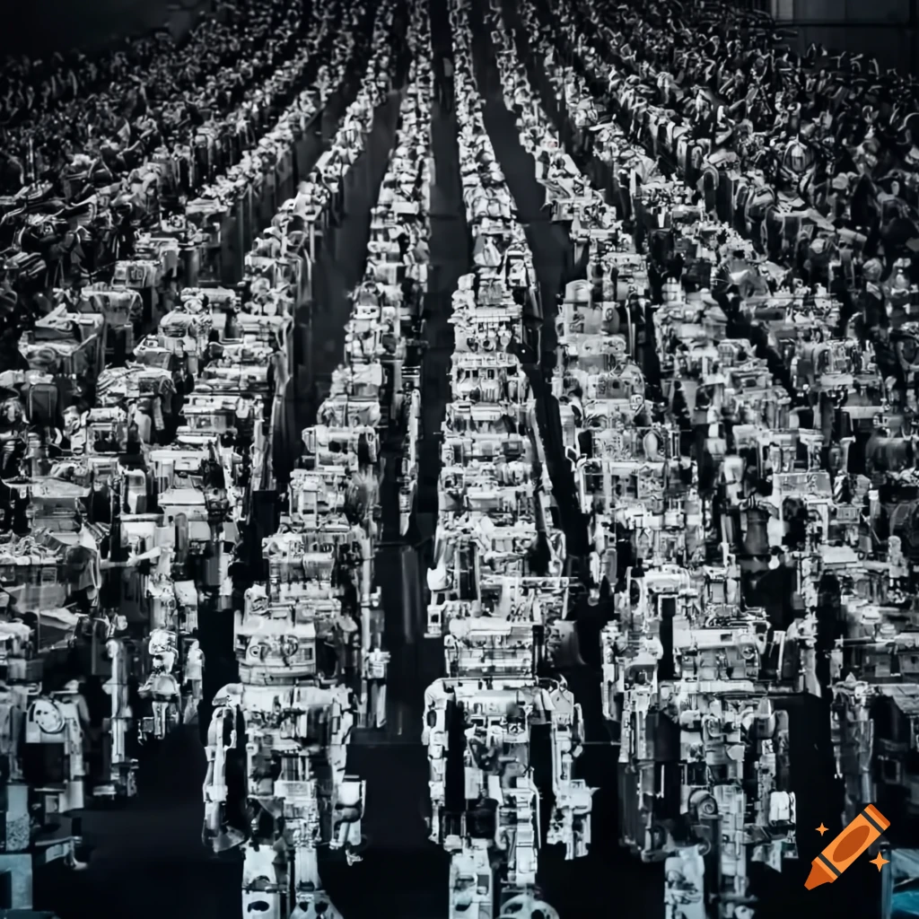 Large robot army marching on a machinery floor on Craiyon