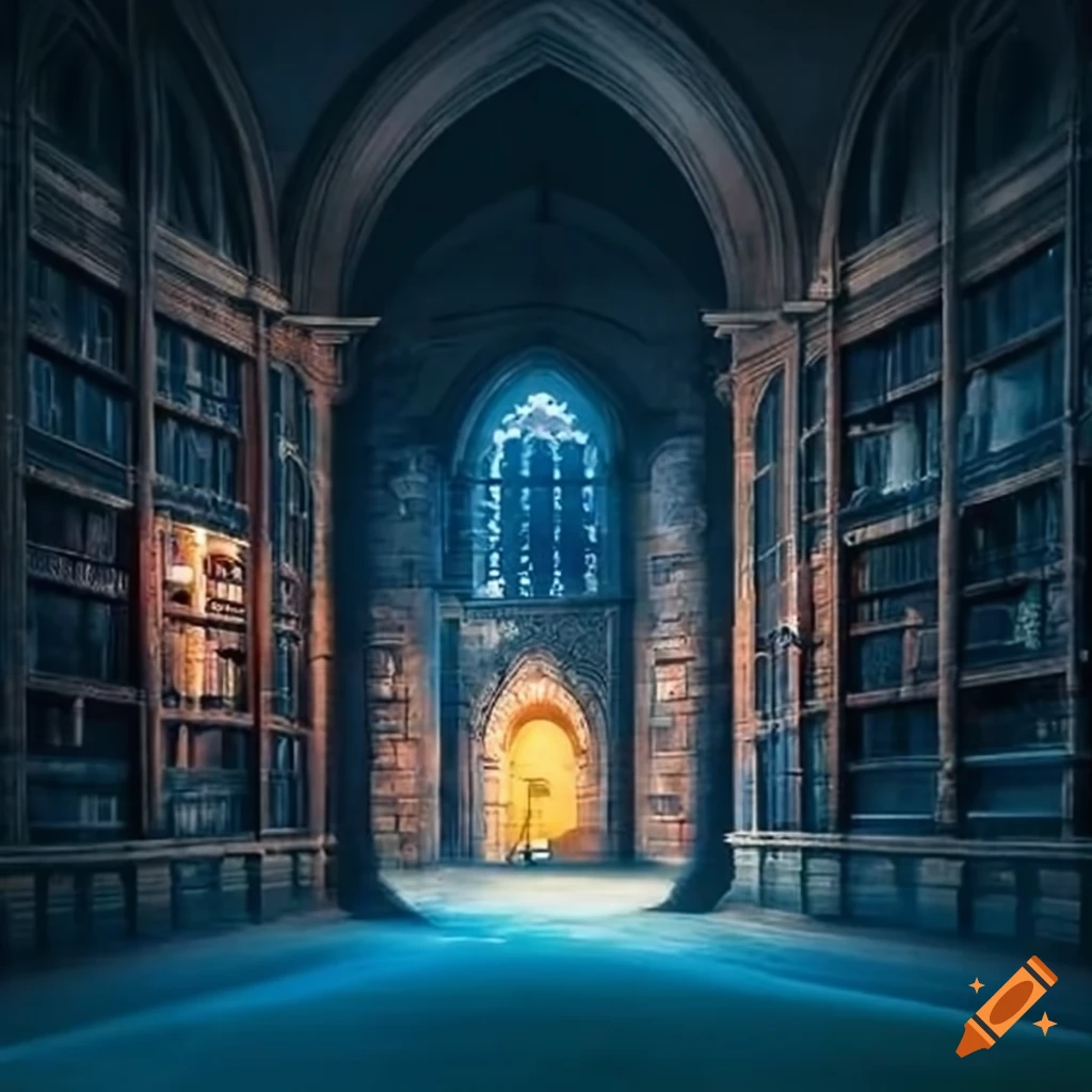 Castle library illuminated at night with soft lights on Craiyon