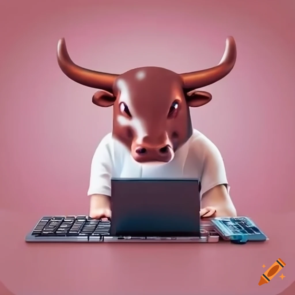 Cute and clever bull programmer typing at a computer on Craiyon