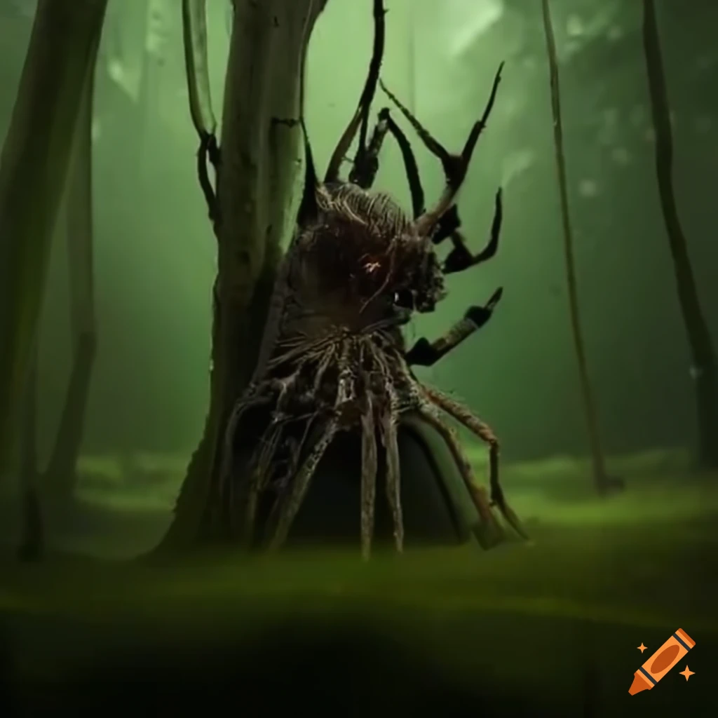 Large spider creature lurking in a forest on Craiyon