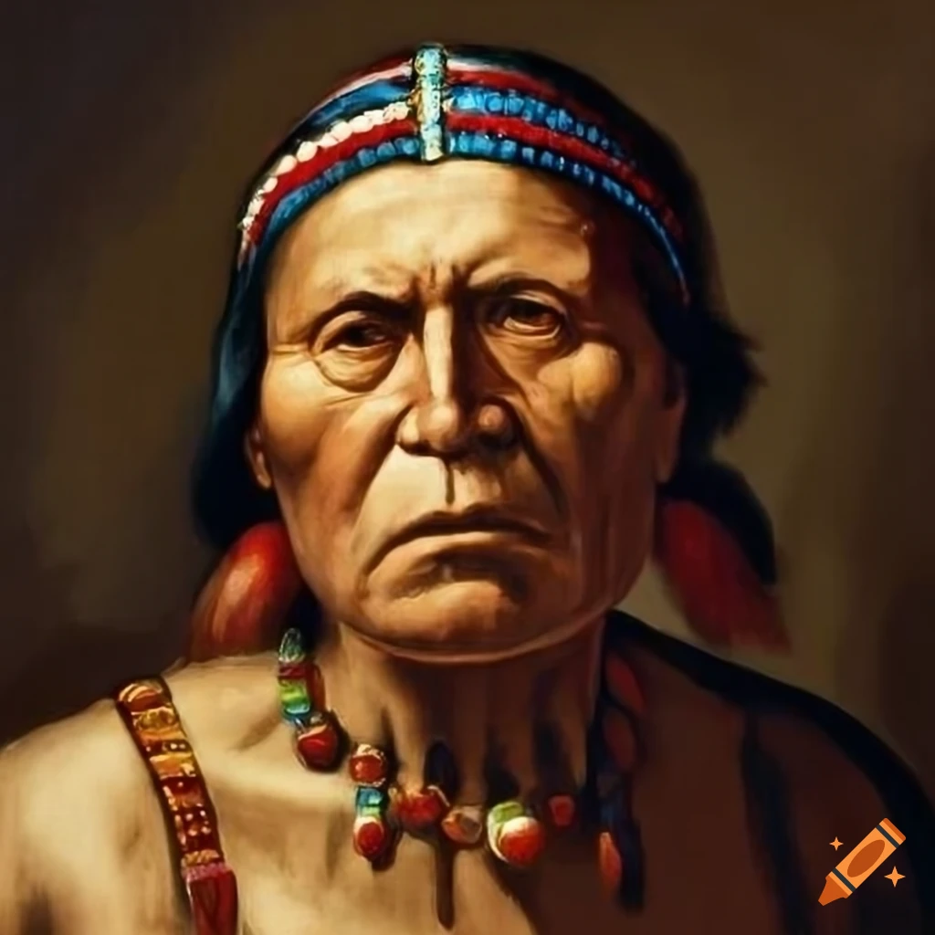 Portrait of Northern Paiute king in royal Aztec clothing in the style ...