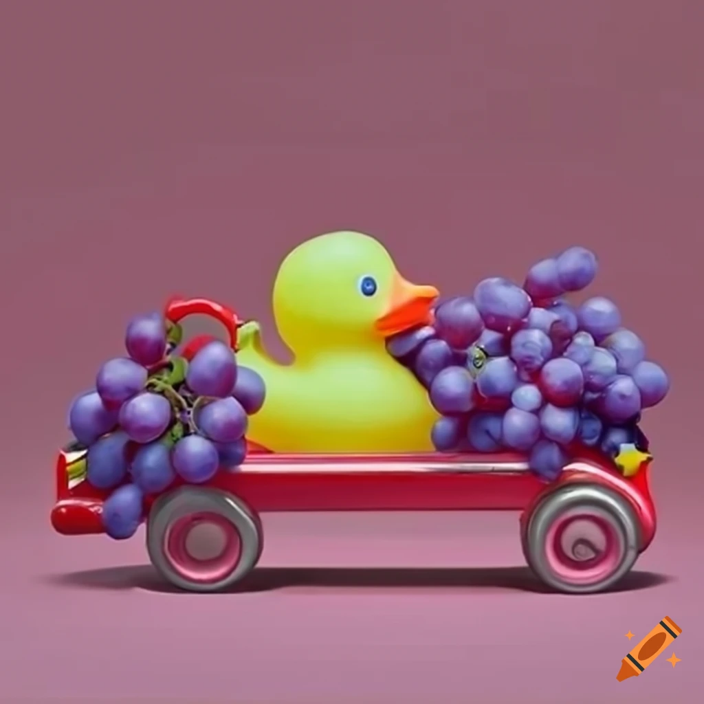 Rubber duck inside a red bus with grapes on Craiyon