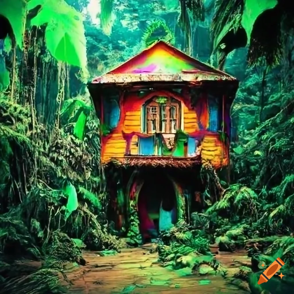 Colorful psychedelic houses in a rainforest setting on Craiyon