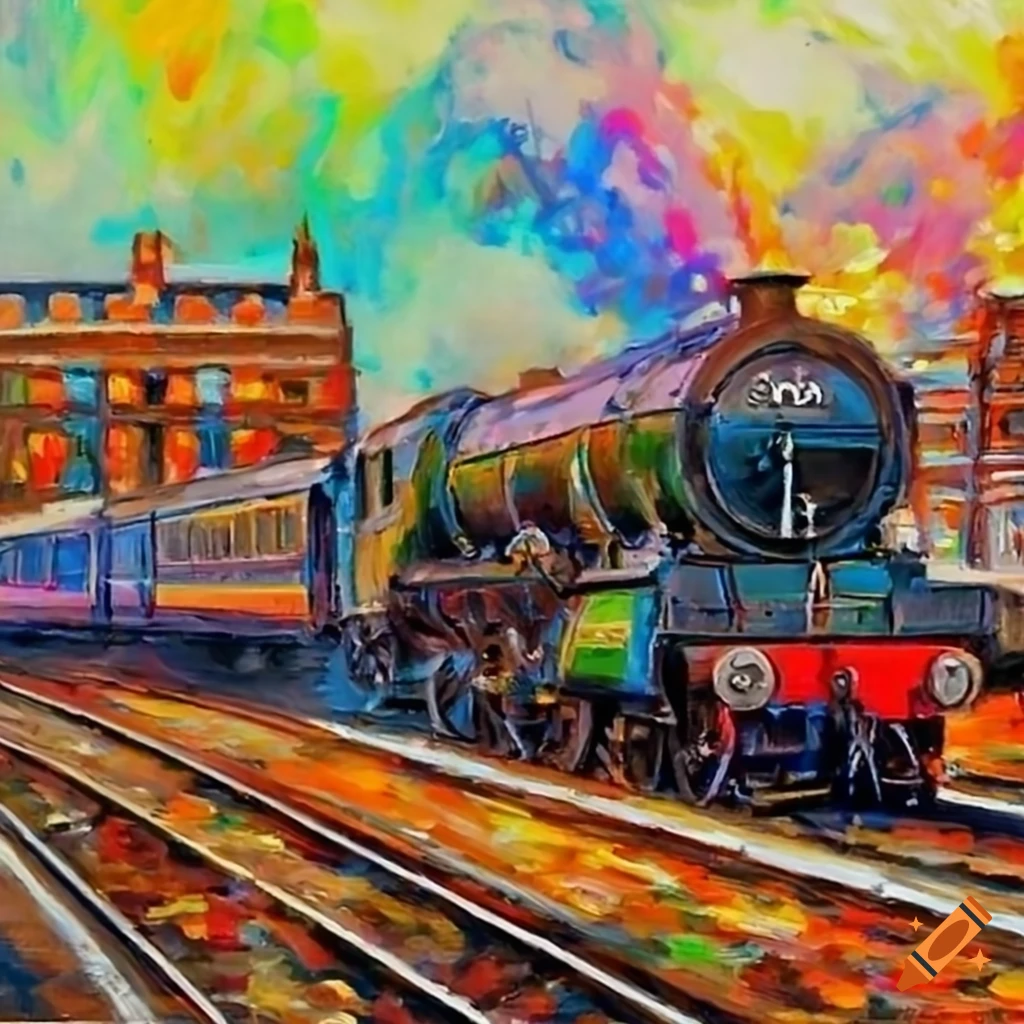 Highly detailed steam train arriving at london station in impressionism ...