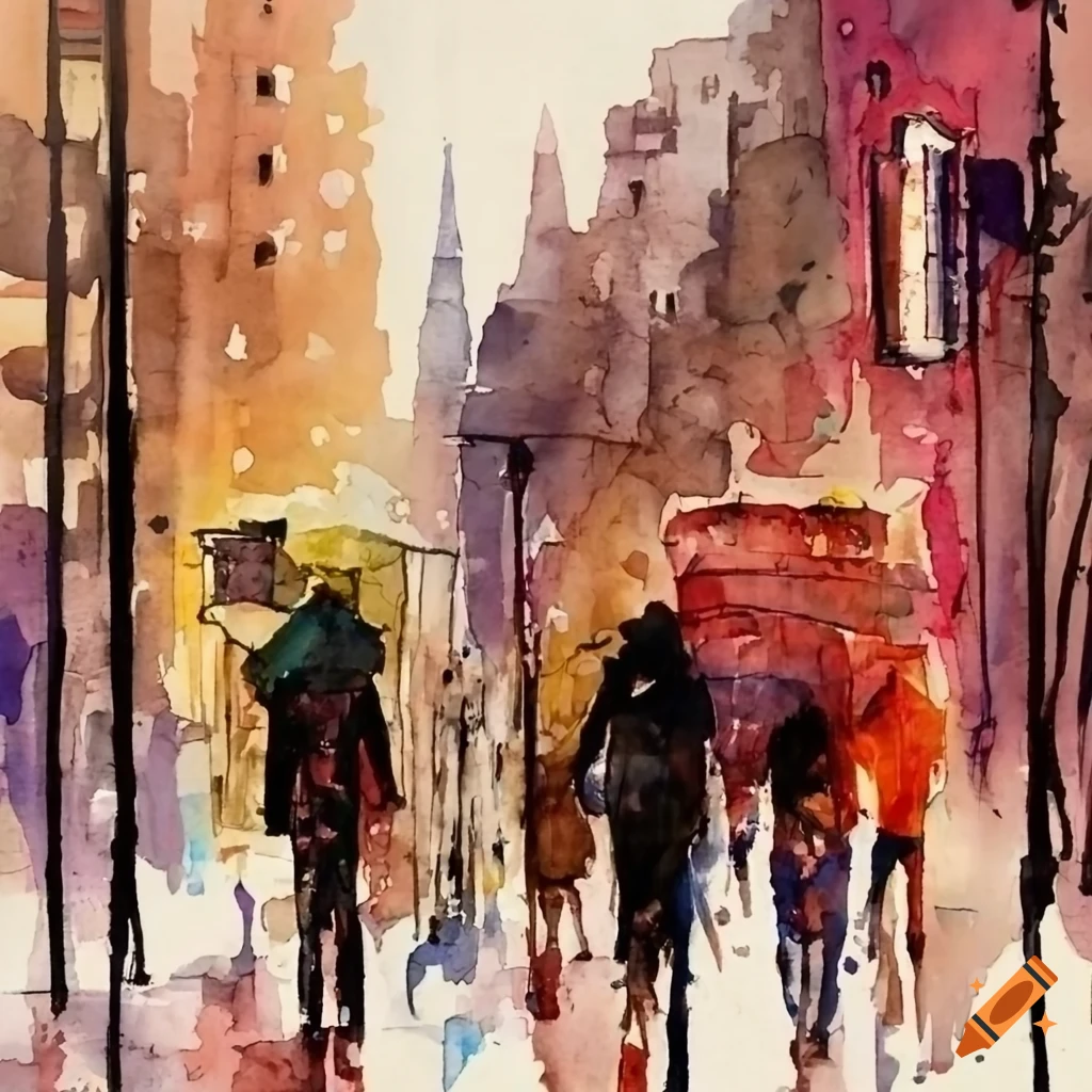 Urban street scene in watercolor with people on Craiyon