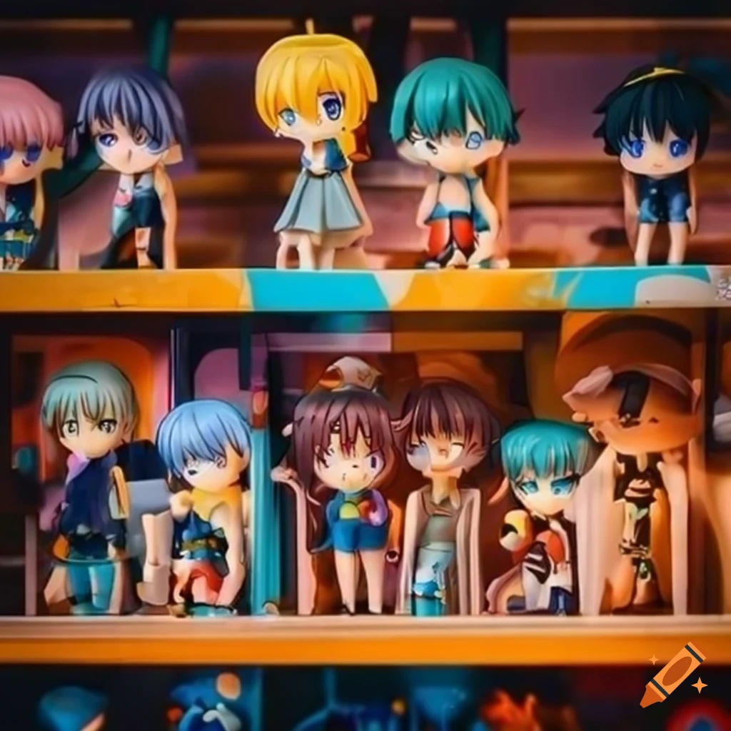 Collection of vibrant anime figurines on display shelves on Craiyon
