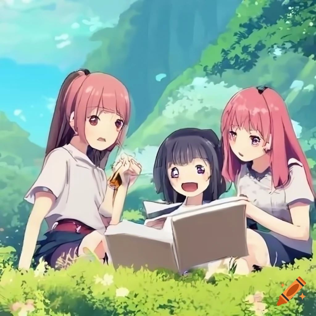 Cheerful anime girls studying together in beautiful scenery on Craiyon