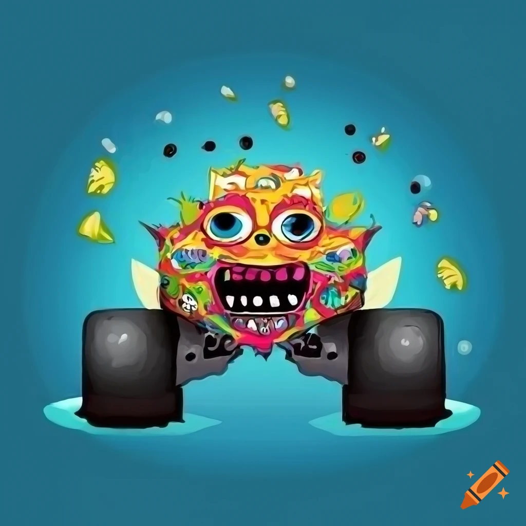Lively monster car in a bustling cityscape with animated eyes and ...