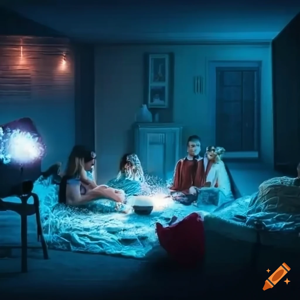 Cozy outdoor movie night gathering with a projector on Craiyon