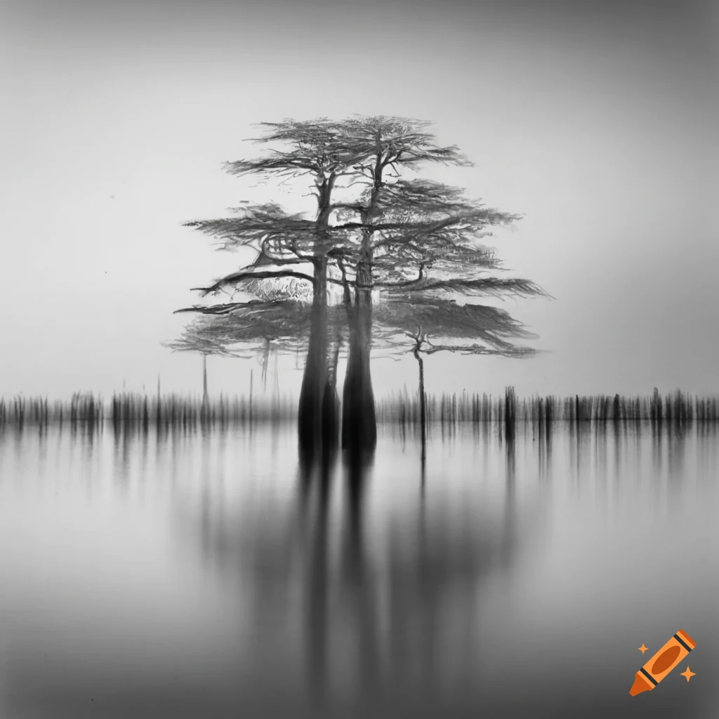 Bald cypress trees on a lake in a realistic pencil drawing on Craiyon