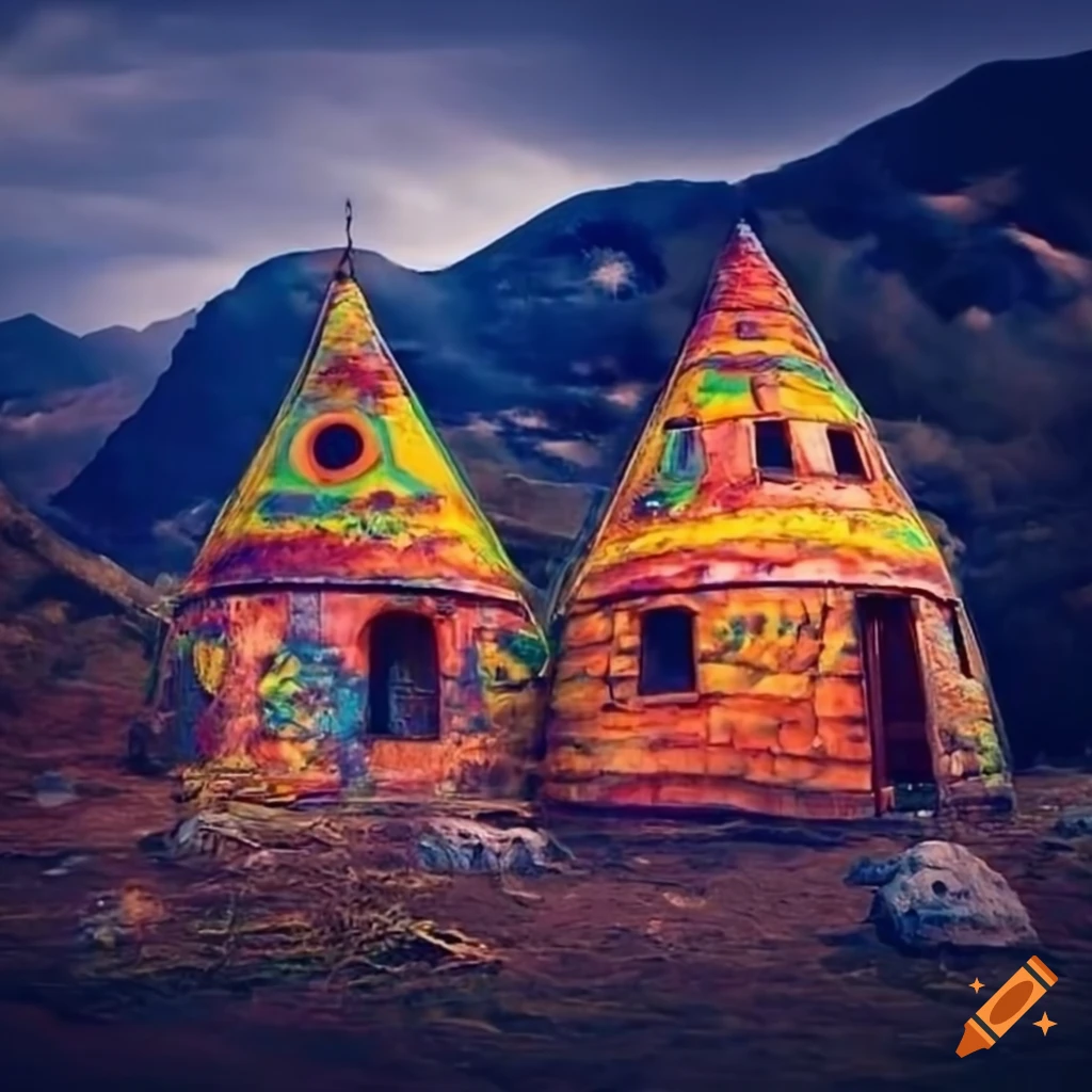 Psychedelic hippie houses nestled in the mountains on Craiyon
