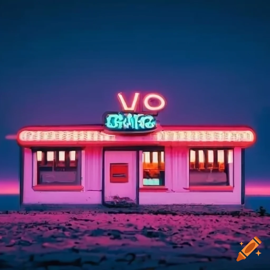 Neon-lit 60s diner in a sunset melancholy landscape on Craiyon