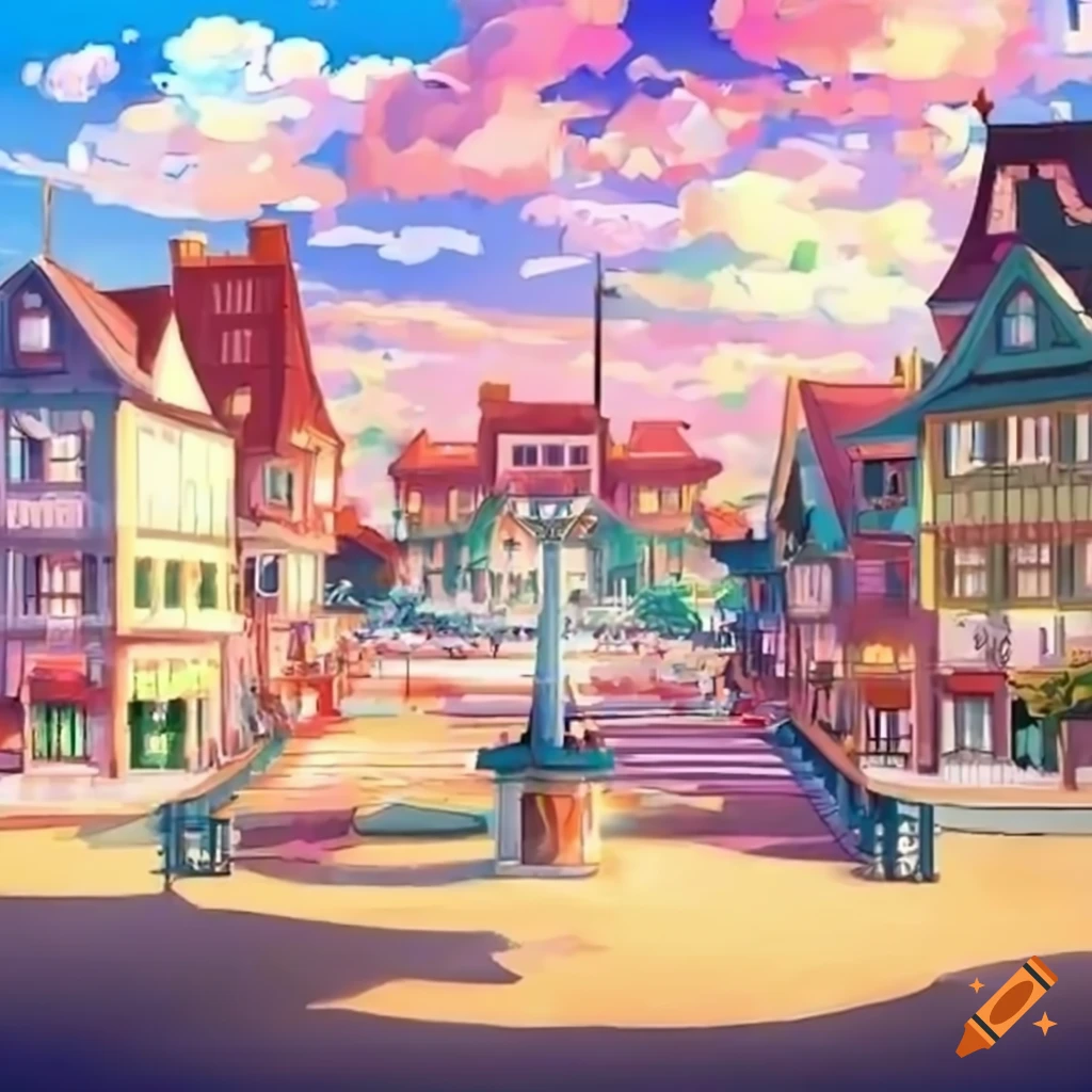 Empty town plaza in an anime illustration on Craiyon