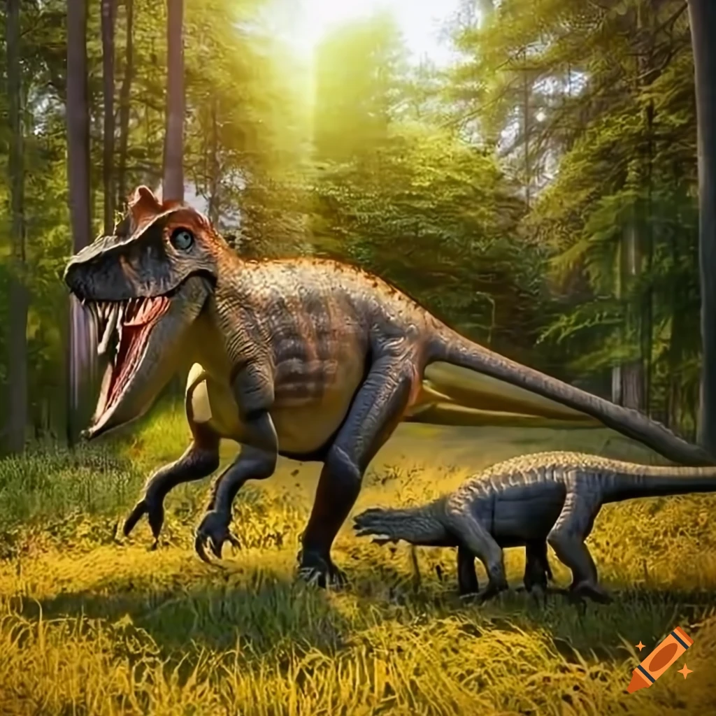 Allosaurus fighting a stegosaurus in warm morning light on Craiyon