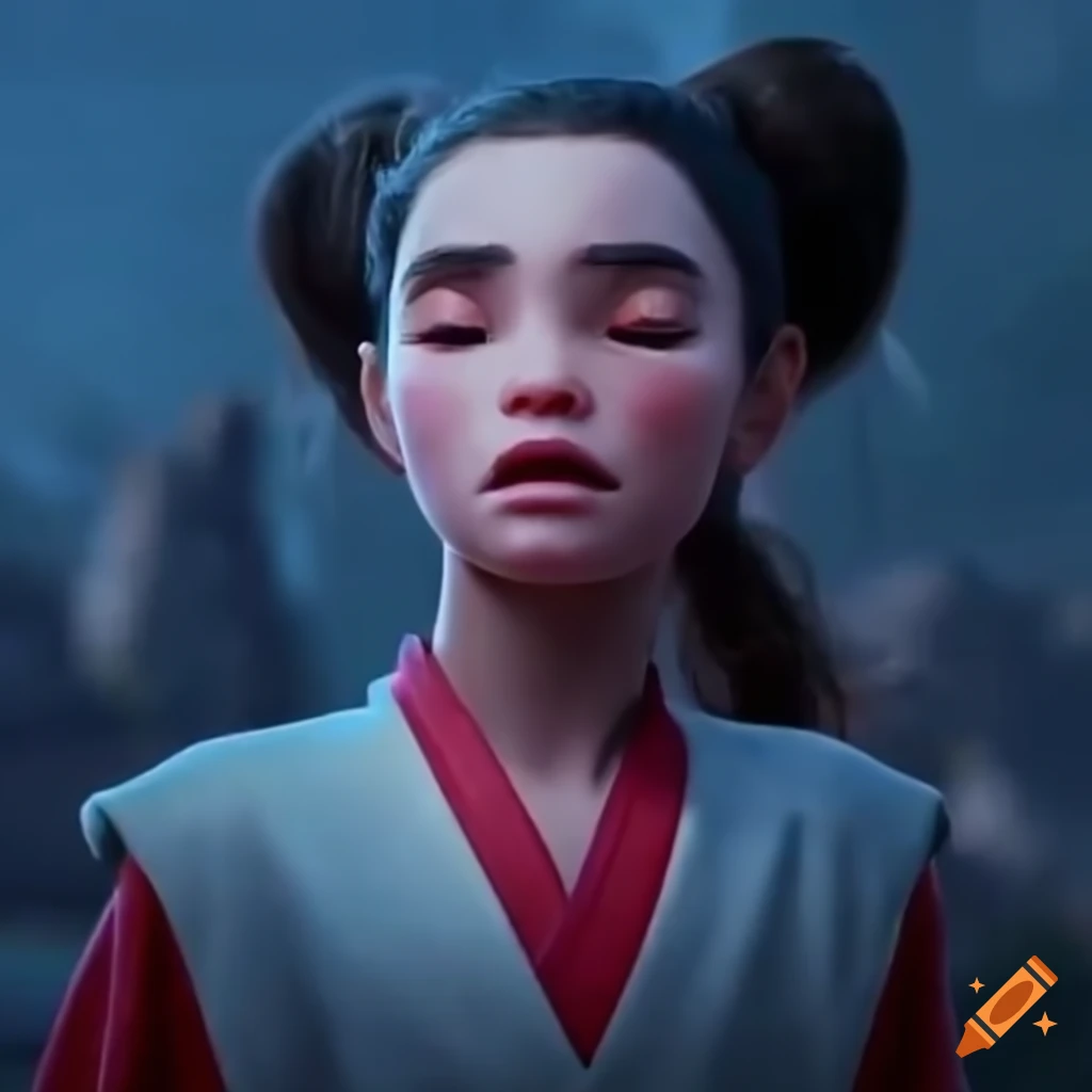 Disney woman martial fighter wobbling dizzy with closed eyes on Craiyon