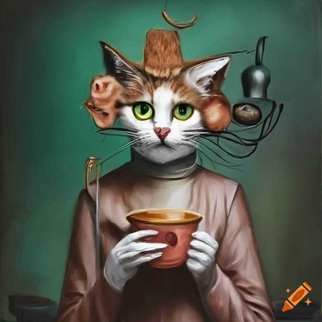 Surreal painting of a cat in a cafe wearing a fancy dress and smiling ...