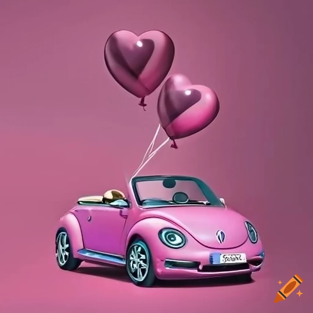 Pink VW Beetle convertible with Valentine's balloon on Craiyon