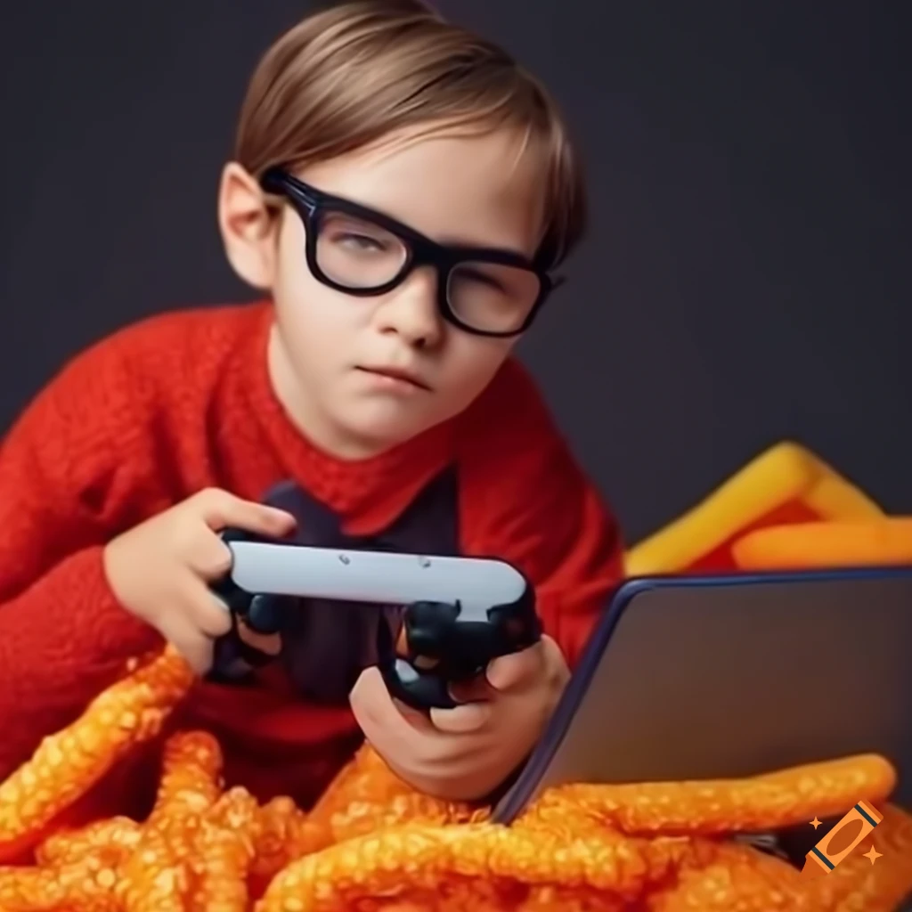 Nerd child playing video games on an ipad with snacks on Craiyon