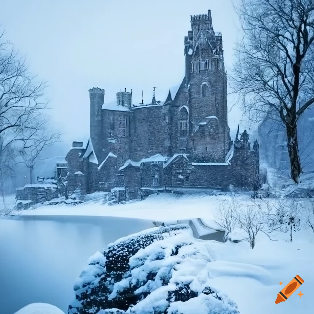 Gothic castle during a snow blizzard on Craiyon