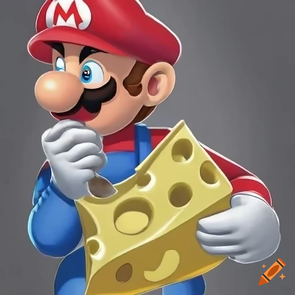 Cartoon of mario enjoying a big slice of delicious cheese on Craiyon