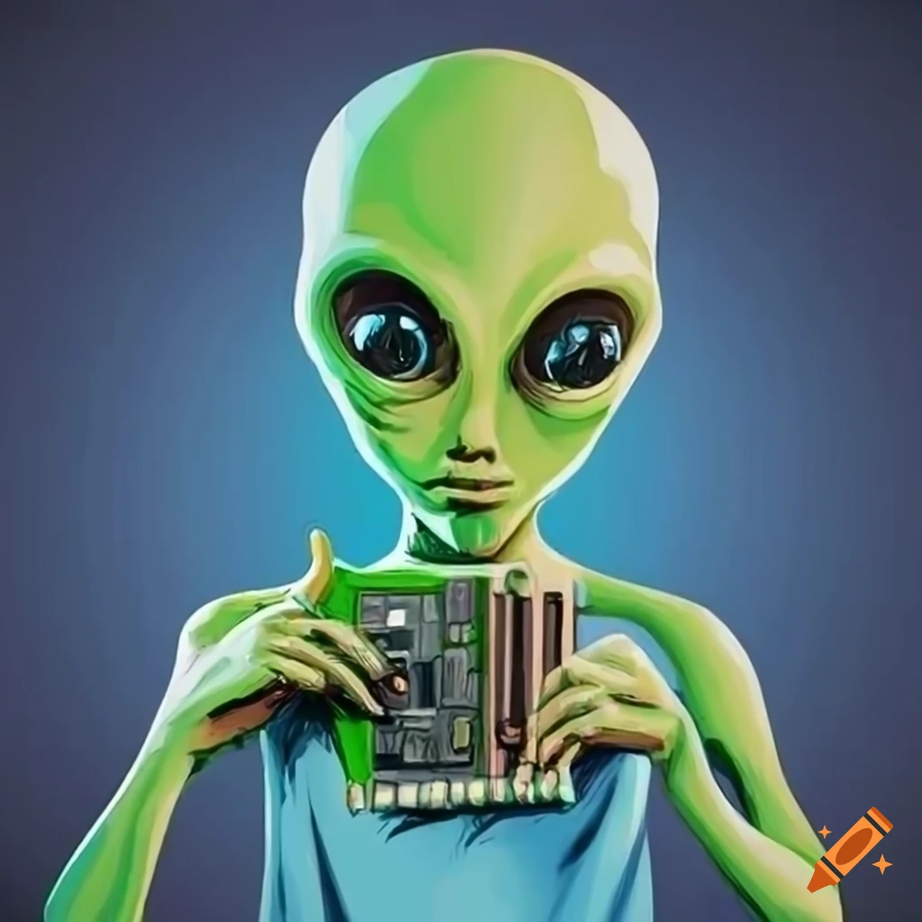 Alien holding a computer motherboard on Craiyon