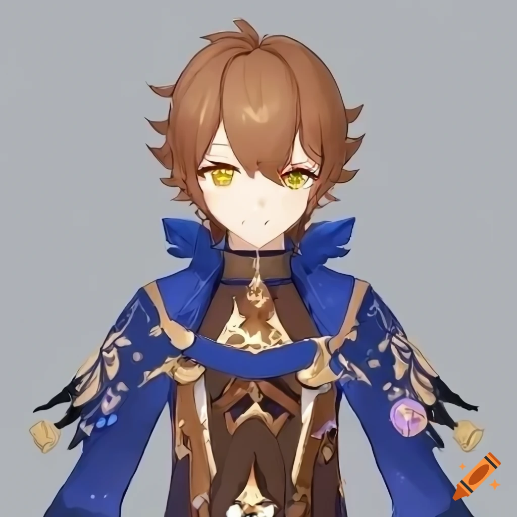 Genshin Impact male character with short brown hair, shining eyes, and ...