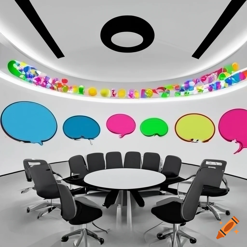 Circular seating arrangement in monochrome meeting room with technology ...