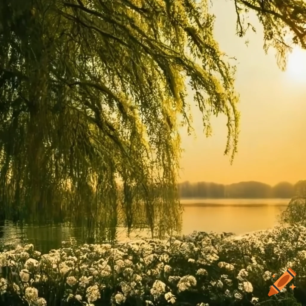Sunlight passing through a willow tree near a lake with white roses on ...