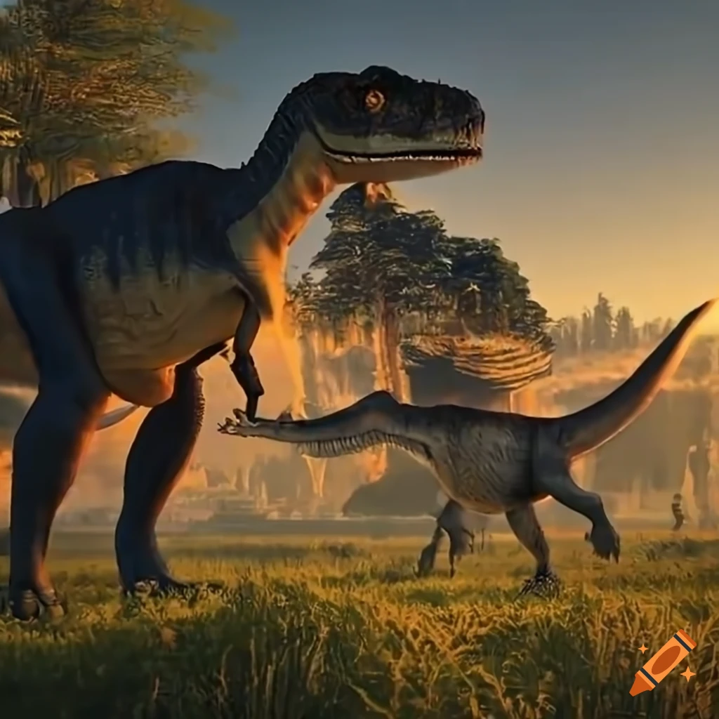 Allosaurus fighting a stegosaurus in warm morning light on Craiyon