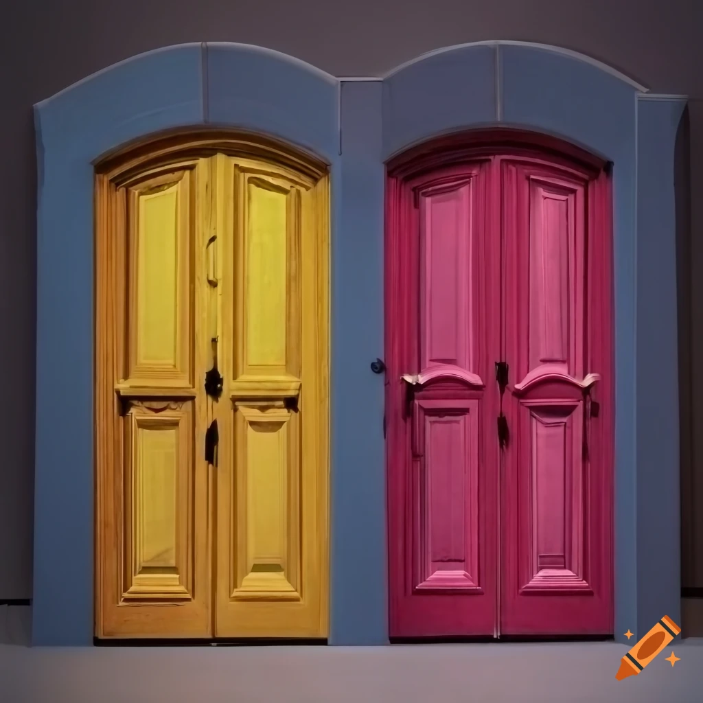 Three closed colored doors in a dark room on Craiyon