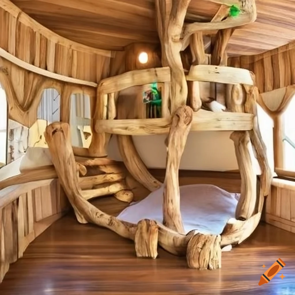 Wooden stump treehouse fantasy bed with round windows on Craiyon