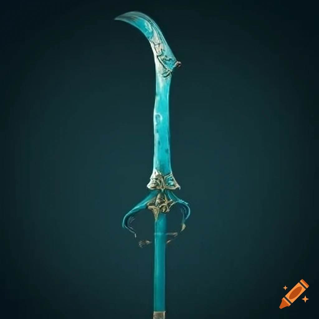 Ornate sea-themed historical polearm weapon with curved blade on Craiyon