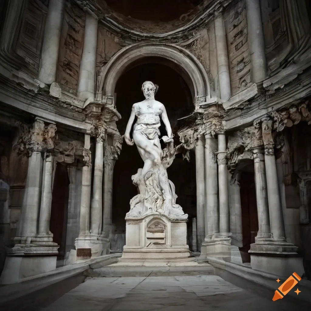 Ruins with a male angel statue in dramatic lighting on Craiyon