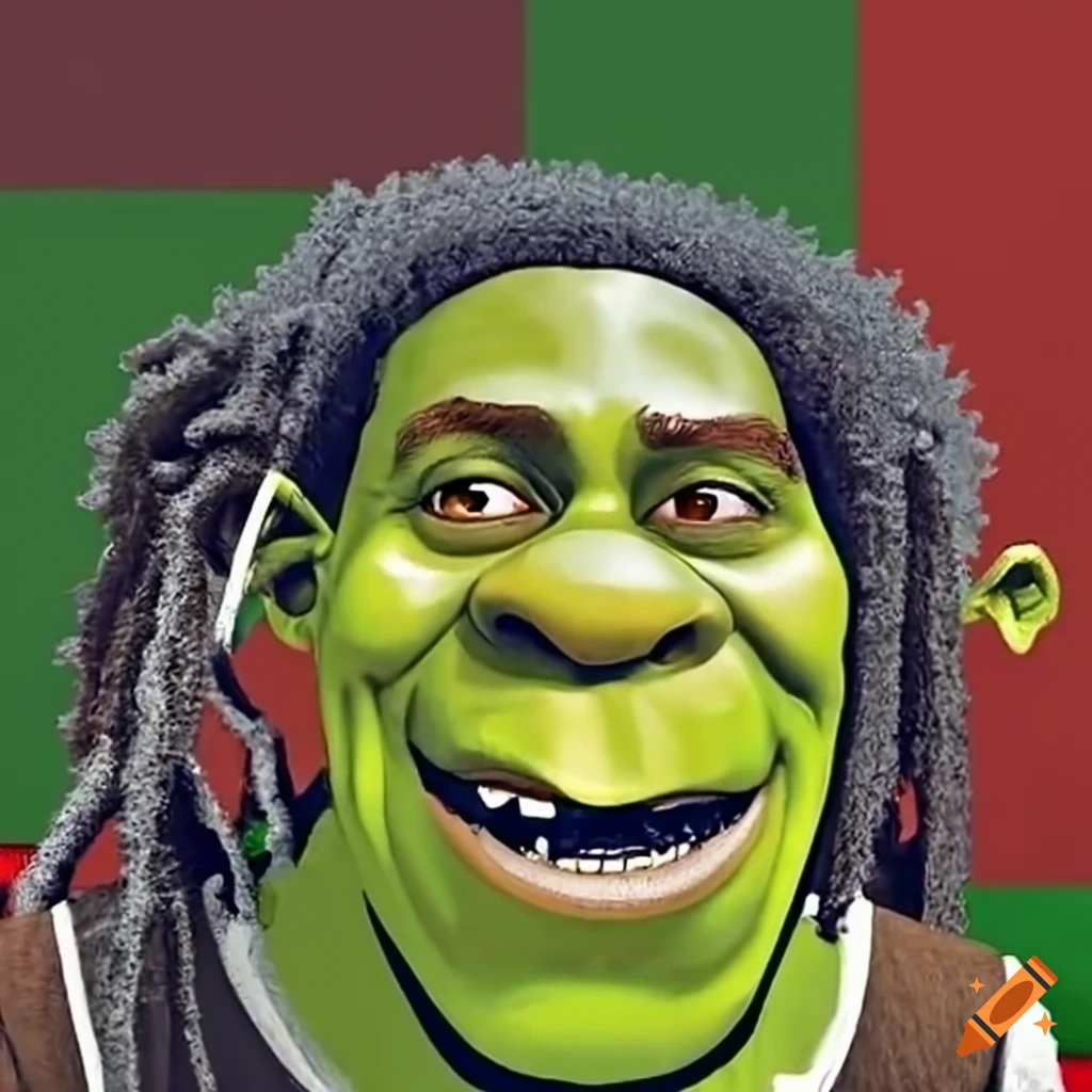 Artistic mashup of Bob Marley and Shrek characters on Craiyon