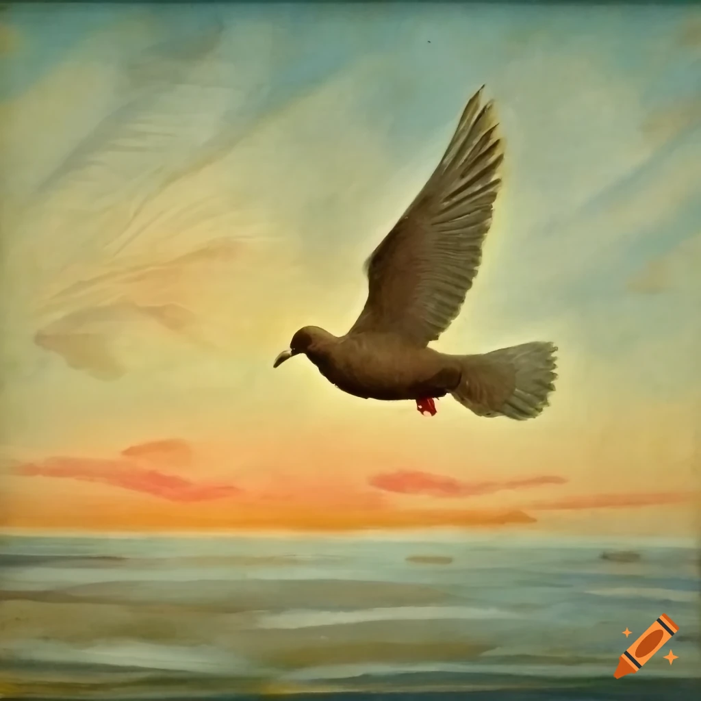 Old painting of a dove flying above water on Craiyon