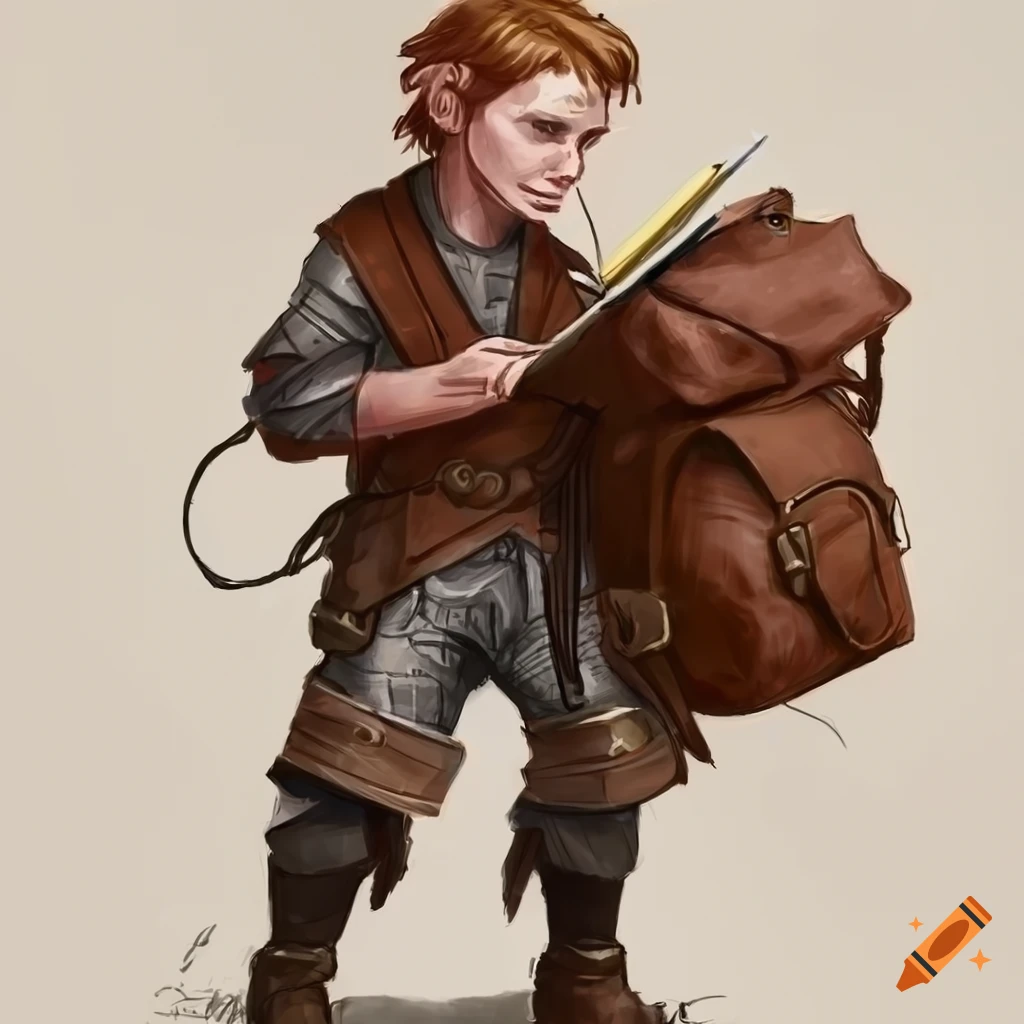 Male halfling artist drawing in a sketchbook with a pencil and carrying ...
