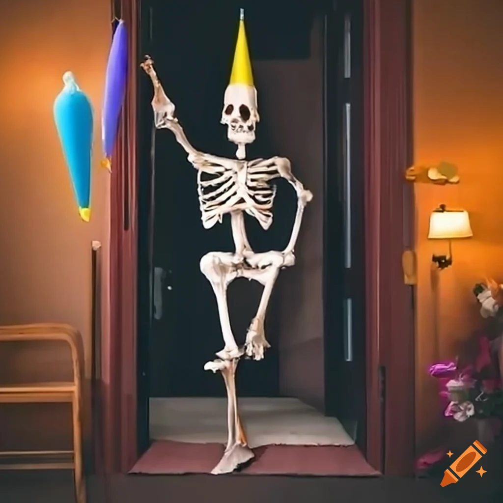 Skeleton throwing a surprise birthday party with cake and balloons on ...