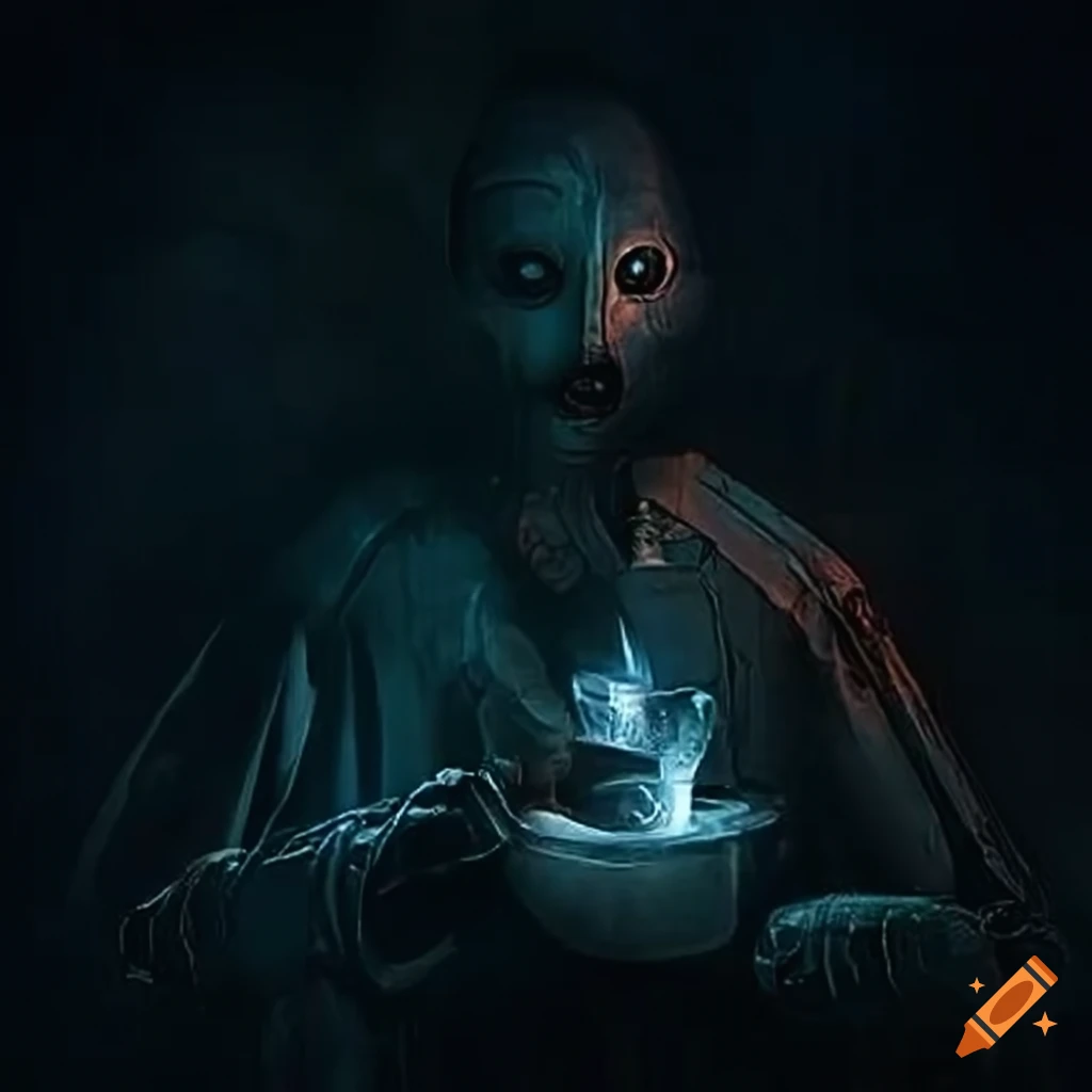 Robotic alchemist stirring mysterious potions in a dimly lit lab on Craiyon