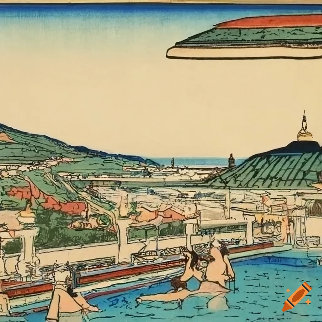 Budapest thermal baths surrounded by vineyards in ukiyo-e style by Yoshitaka Amano on Craiyon